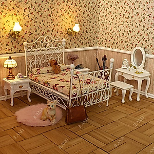 iLAND Victorian Dollhouse Furniture on 1:12 Scale, Dollhouse Bed Set 5pcs