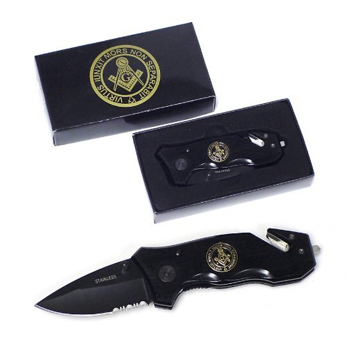 LINDCORP Black Masonic Folding Rescue Pocket Knife Masons