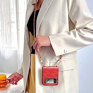 SHIEID Genuine Leather Galaxy Z Flip 4 Case with Chain, Noble Temperament, Diamond Shape Design Fine Texture Z Flip 4 Case for Samsung Galaxy Z Flip 4, Brown