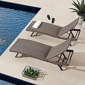 Ulax Furniture Outdoor Wicker Chaise Lounge Adjustable Padded Patio Reclining Chaise Lounger Chairs with Non-Rust Aluminum Frame and Wheels, Set of 2