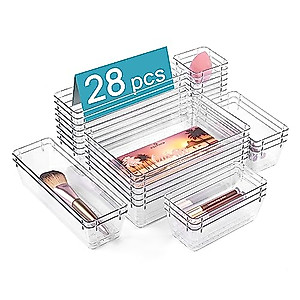 Vtopmart 28 PCS Clear Plastic Drawer Organizers Set, 4-Size Bathroom and Vanity Drawer Organizer Trays, Acrylic Storage Bins for Makeup, Cosmetic, Kitchen Utensils, Tool Organizer for Gadgets