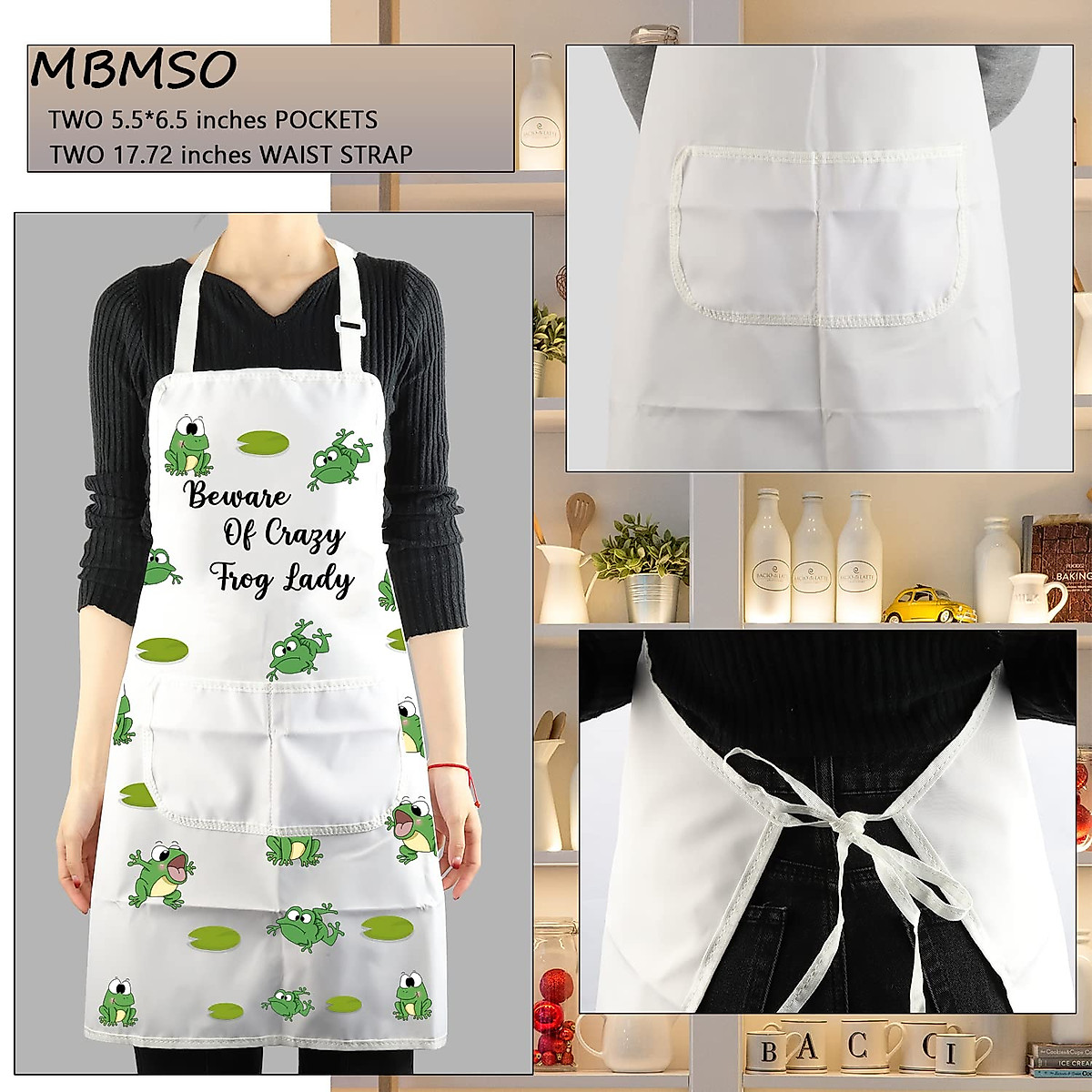 MBMSO Frog Apron Beware of Crazy Frog Lady Kitchen Apron Frog Lover Gifts for Women Funny Frog Gifts Frog Grilling Apron (Crazy Frog Lady Apron-white)