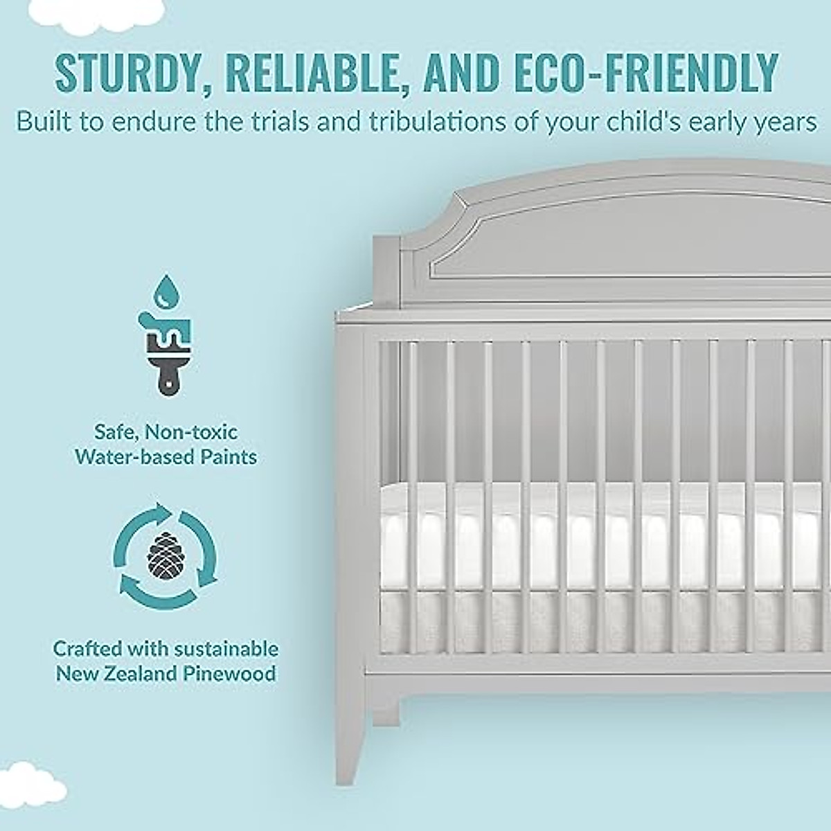 Dream On Me JPMA & Greenguard Gold Certified Milton 5-in-1 Convertible Crib Made with Sustainable New Zealand Pinewood in Pebble Grey, Non-Toxic Finish