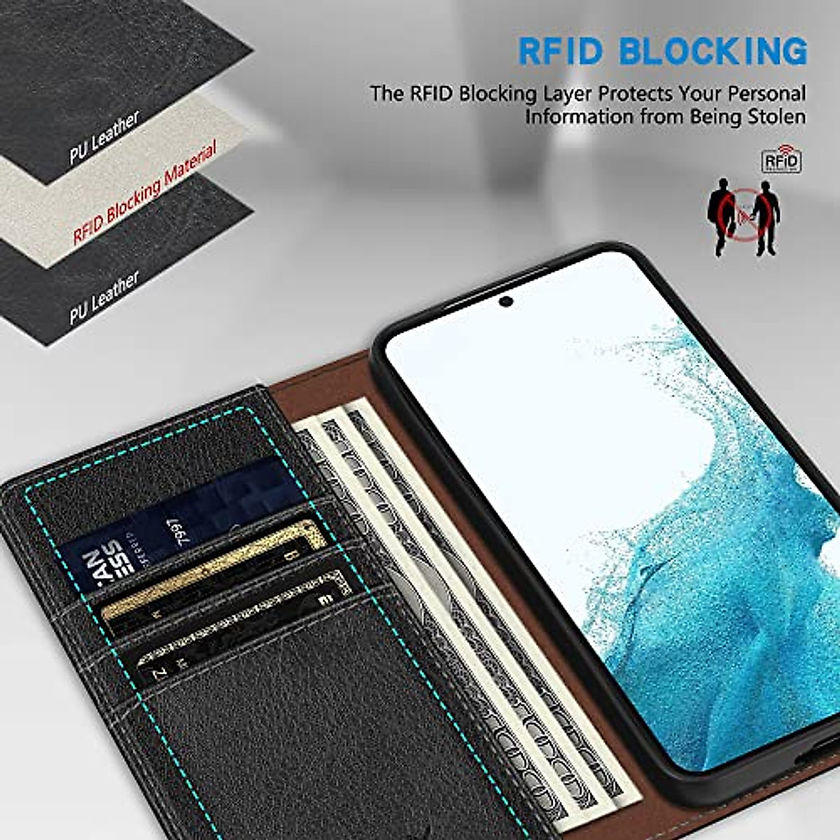 ZZXX Samsung Galaxy S22 Wallet Case with [RFID Blocking] Card Slot Stand Strong Magnetic Leather Flip Fold Protective Phone Case for Samsung Galaxy S22 5G Case Wallet(Black-6.1 inch)