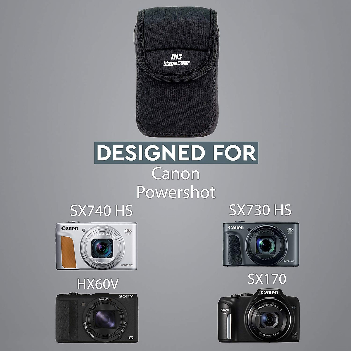 MegaGear MG037 Ultra Light Neoprene Camera Case compatible with Canon PowerShot SX740 HS, SX730 HS, SX720 HS, SX710 HS, SX700 HS, Sony Cyber-shot DSC-HX60V - Black, PU Leather