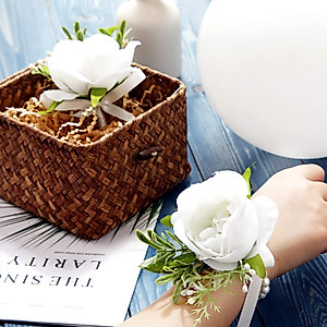 Jexine 12 Pcs Rose Wrist Corsage Wristlet Band Bracelet and Men Boutonniere Set White Flower Corsage Wrist Flowers and Boutonniere Buttonholes for Wedding Flowers Accessories Decor