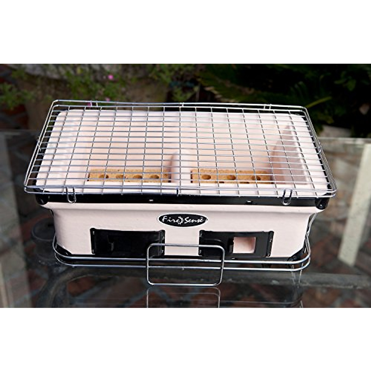 Fire Sense 60450 Yakatori Internal Grates Charcoal Chrome Cooking Grill Japanese Table BBQ Handmade Using Clay Adjustable Ventilation For Outdoor Barbecues Camping Traveling - Large - Tan