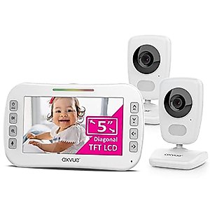 Axvue Video Baby Monitor, Comfortable Slim Design Handheld Enclosure, 5.0" Screen Monitor & 2 Camera, Range up to 1000ft, 8 Hour Battery Life, 2-Way Talk, Night Vision, Temperature Monitor, No WiFi.