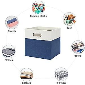 Temary Fabric Storage Cubes Bins 11x11 Cube Storage Organizer Bins with Handles, 4 PCs Blue Storage Baskets for Organizing Home, Collapsible Storage Boxes for Toys, Clothes (White&Blue)