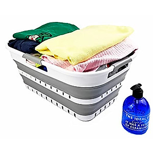 SAMMART 21L (5.5 gallon) Super Mini Collapsible 3 Handled Plastic Basket - Foldable Pop Up Storage Container/Organizer - Space Saving Hamper/Basket (White/Grey)