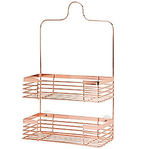 MyGift Modern Copper Metal 2 Tier Bathroom Hanging Shower Organizer, Over Head Shower Caddy Basket, Bathroom Accessories Organizer Storage Rack with Wall Suction Cups