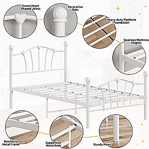 Amyove White Twin Metal Bed Frame with Heart Shaped Headboard and Footboard Solid Metal Platform Mattress Foundation Noise-Free Heavy Duty Bed Slats Support No Box Spring Needed, Easy Assembly