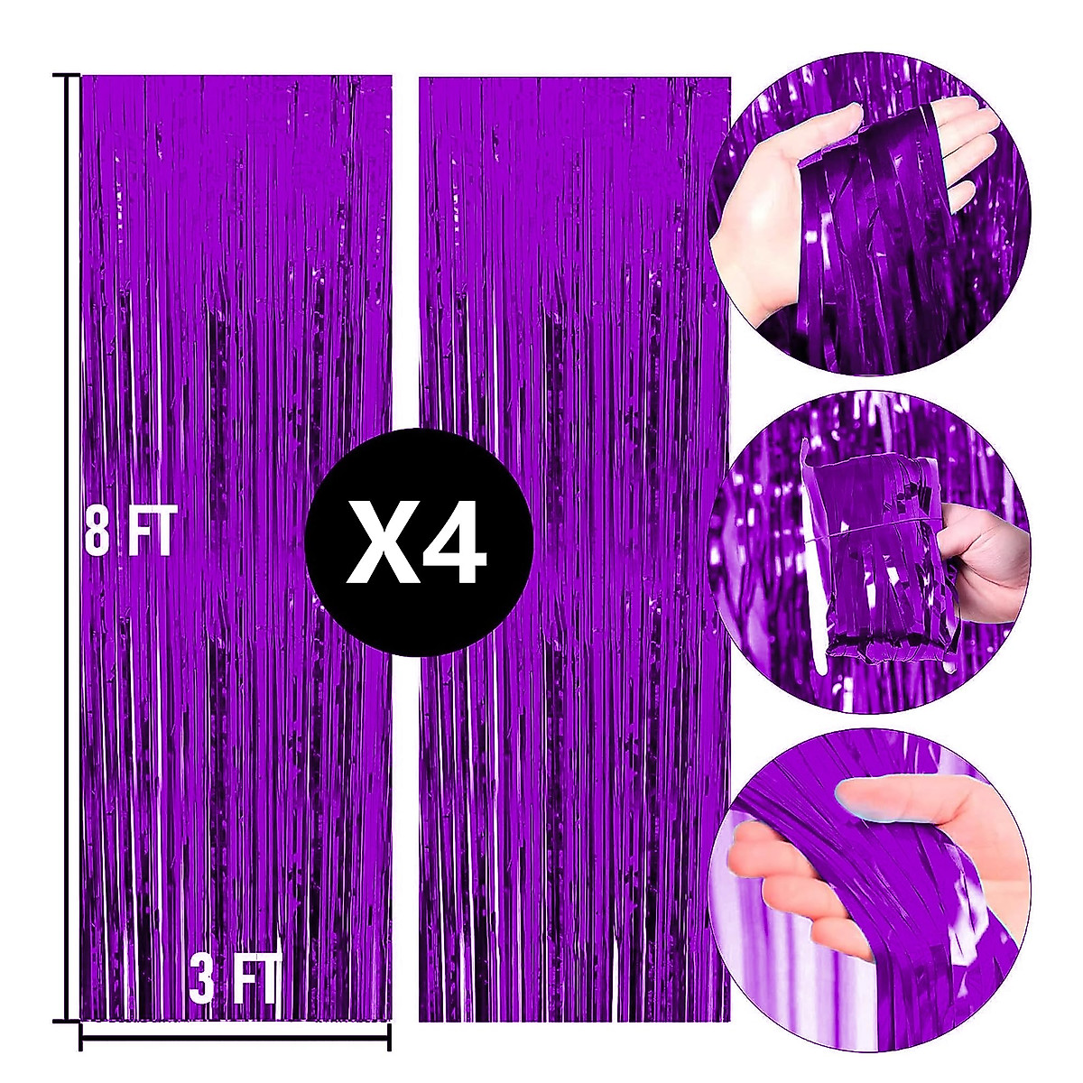 Dazzle Bright 4 Pack Backdrop Curtain, 3FT x 8FT Metallic Tinsel Foil Fringe Curtains Photo Booth Background for Baby Shower Birthday Wedding Halloween Party Decorations (Purple)