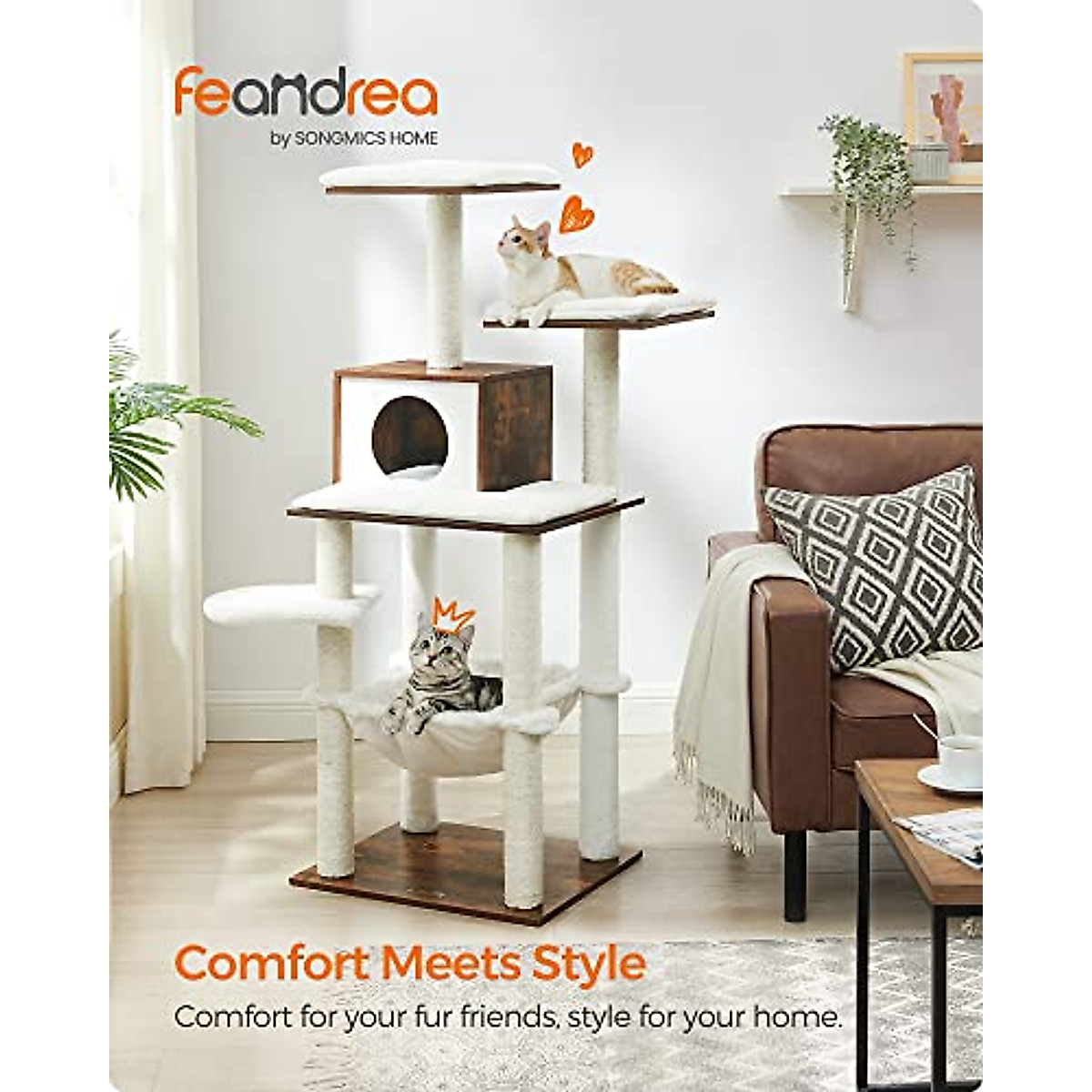 Feandrea WoodyWonders Cat Tree, Modern Cat Tower for Indoor Cats, 54.3-Inch Multi-Level Cat Condo, Ultra-Soft Plush, Scratching Posts, Hammock, Removable, Washable Cushions, Rustic Brown UPCT164X01