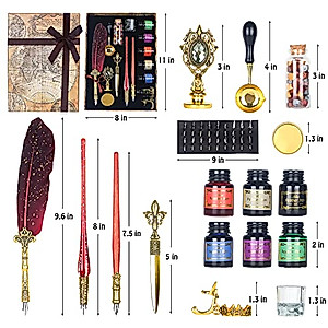 Lotkey Quill Pen and Ink Set, Calligraphy Pen Set for Beginners Including Feather Pen Glass Wooden Dipping Pen 6 Bottles Ink 17 Replaceable Nibs Pen Rack With Wax Seal Stamp Kit for Holiday Ideal Gift