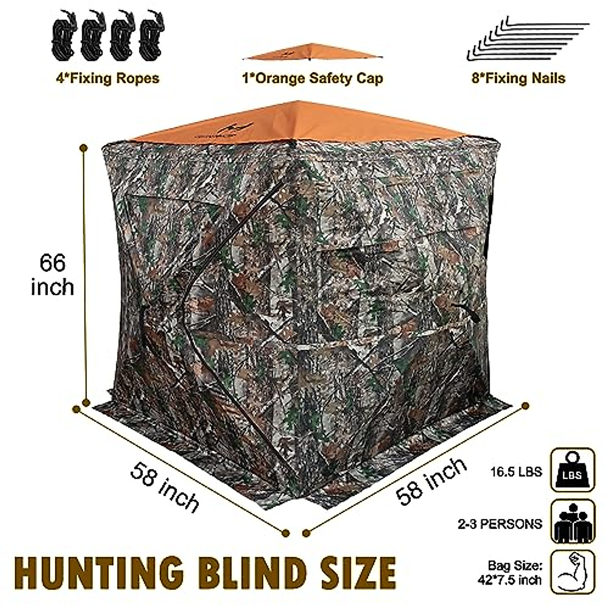 Hunthor Hunting Blind, 270° See Through Hunting Ground Blinds with Silent Zipper and Orange Blind Cap, Portable 2-3 Person Pop Up Hunting Tent for Deer and Turkey Hunting with Carry Bag
