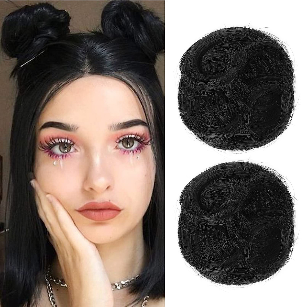 REECHO 2 PCS Mini Claw Clip in Messy & Cat Ears Hair Bun Extensions HB001 Wig Accessory Updo Hairpieces for Women Girls (Pack of 2-3.5" Wavy, Natural Black)