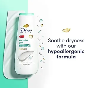 Dove Body Wash Sensitive Skin 4 Count Hypoallergenic, Paraben-Free, Sulfate-Free, Cruelty-Free, Moisturizing Skin Cleanser Effectively Washes Away Bacteria While Nourishing Skin 20 oz