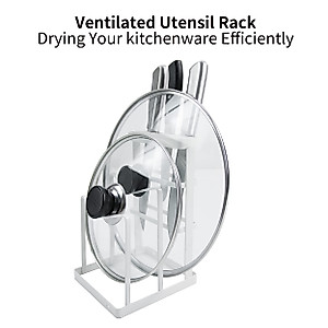 Qflushor Knife Block Holder, Pot Lid Organizer, Cutting Board Organizer, Cookware Bakeware Organizer for Kitchen Countertop, Cabinet, Pantry, Metal, White