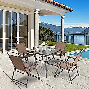 Crestlive Products 5 Piece Patio Dining Set with 4 Folding Chairs and Table Outdoor Dining Furniture with Square Glass Tabletop, Umbrella Hole for Bistro, Garden, Backyard, Deck (Brown)