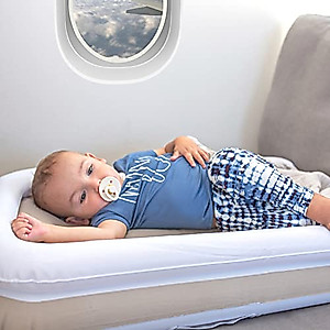 BabyFly Inflatable Airplane Bed for Toddler Travel Baby Travel Bed Infant Airplane Bed Fits Most Airplane Economy Seats for Convenient Toddler Travel, White and Tan