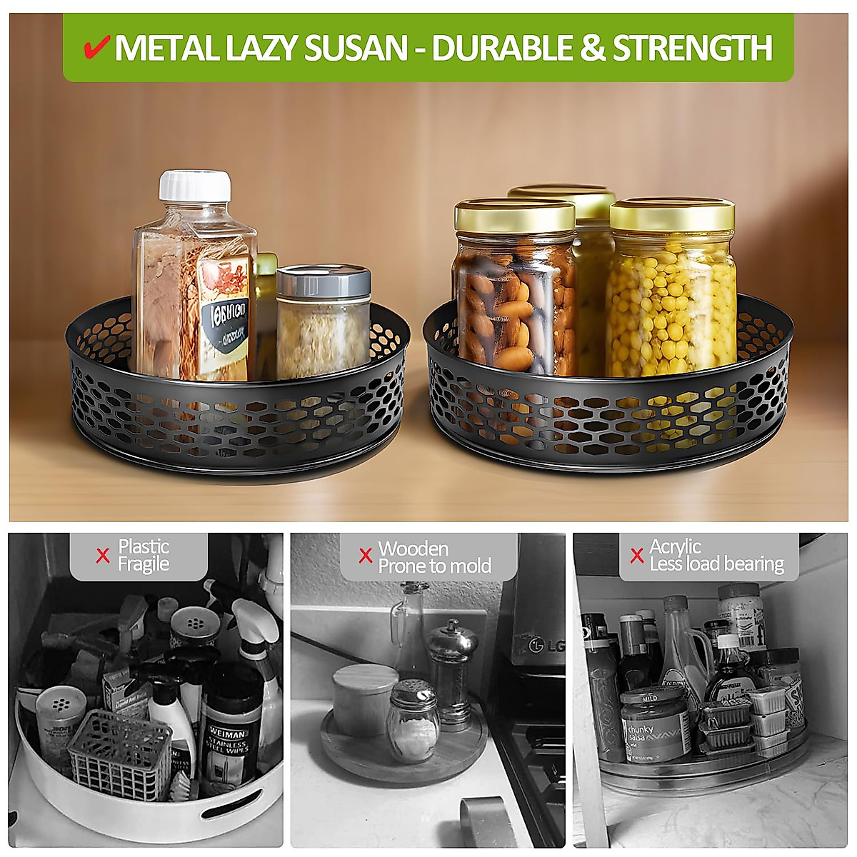 2 Pack Lazy Susan Turntable for Cabinet Table, 10" & 9" Metal Steel Turntable Organizer with Non-Slip Pad, Perfect for Spices, Vanity, Fridge, Countertop, Pantry
