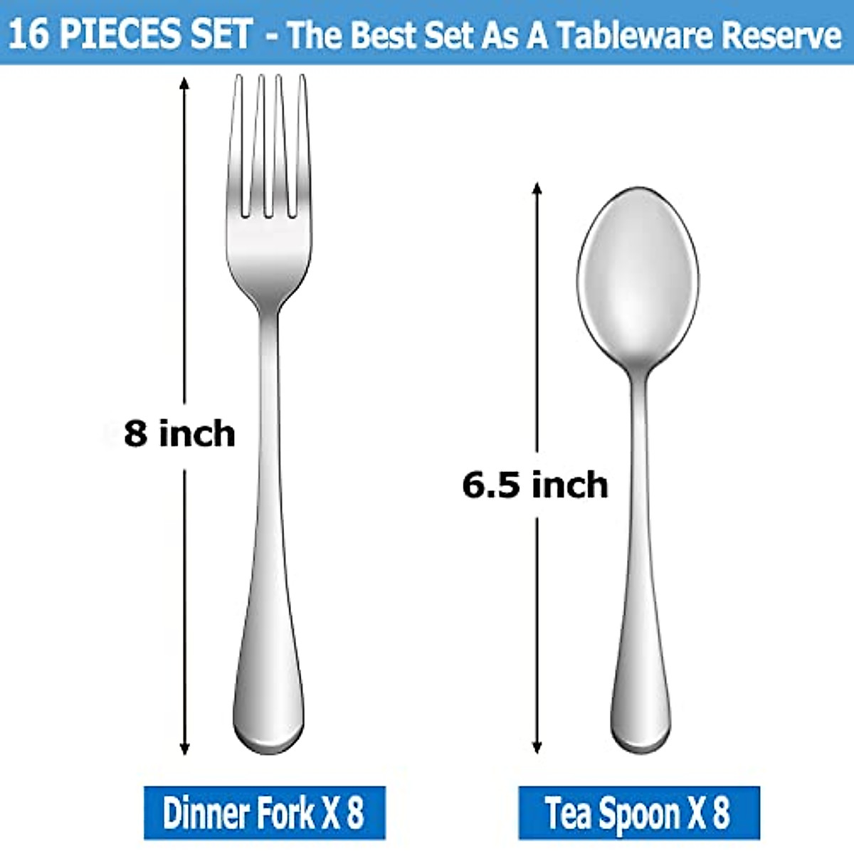 16 Pcs Forks and Spoons Silverware Set,Food Grade Stainless Steel Flatware Cutlery Set for Home,Kitchen and Restaurant,Mirror Polished,Dishwasher Safe - 8 Dinner Fork(8 inch) and 8 Teaspoon(6.5 inch)