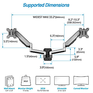 AVLT Dual Extended 13"-32" Monitor Wall Mount fits Two Flat/Curved Computer Monitor Full Motion Height Swivel Tilt Rotation Adjustable Monitor Arm - VESA/Cable Management