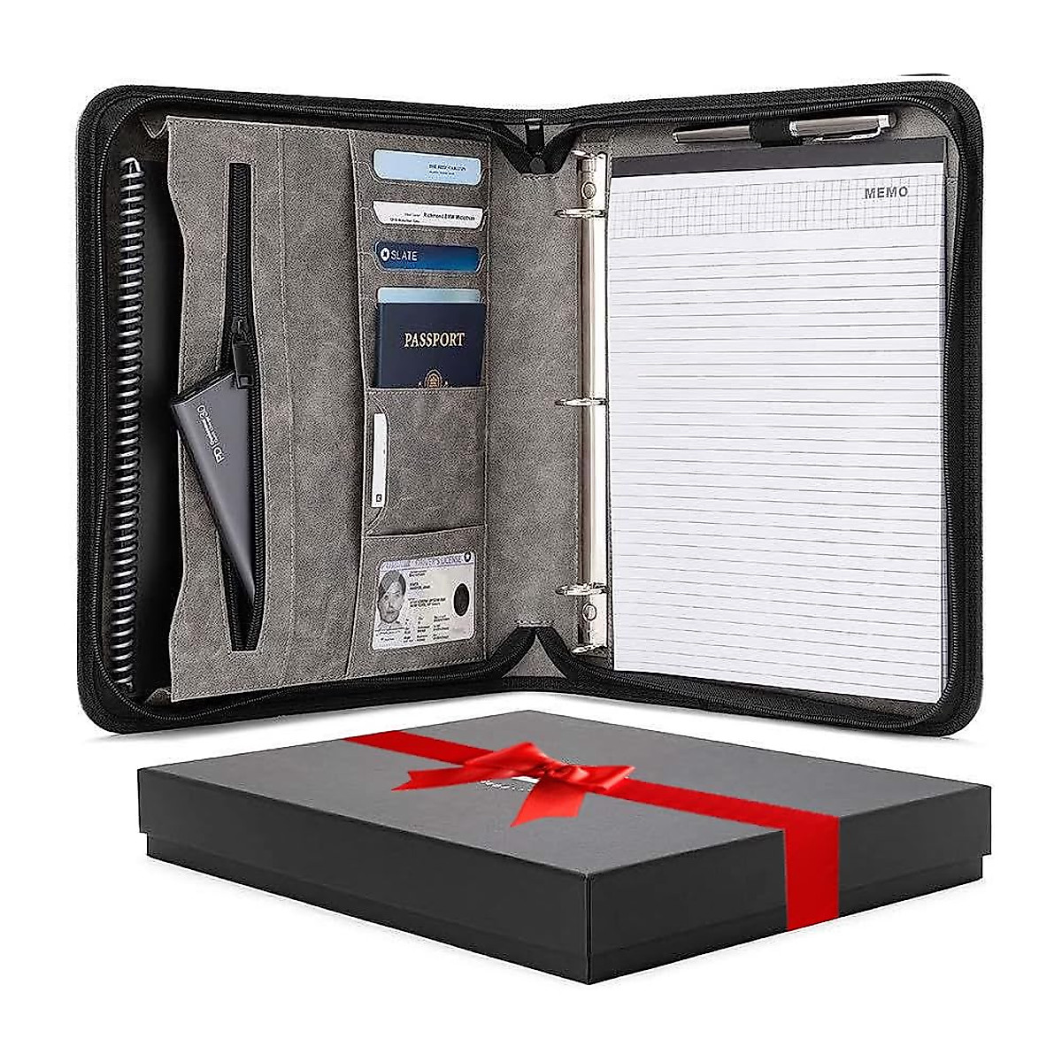 Forevermore Portfolios Padfolio Binder - Professional Faux Leather Travel Organizer Pouch for Tablet, Documents, Presentation Folders, Zipper Closure, Detachable 3-Ring Notepad - Gray