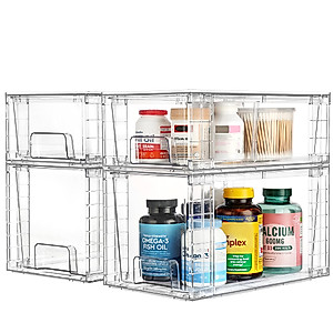 Vtopmart 4 Pack Clear Stackable Storage Drawers,Easy to Assemble Bathroom Organizers and Storage with handles,Plastic storage drawers for Kitchen Pantry,Cabinet,Under Sink Organization