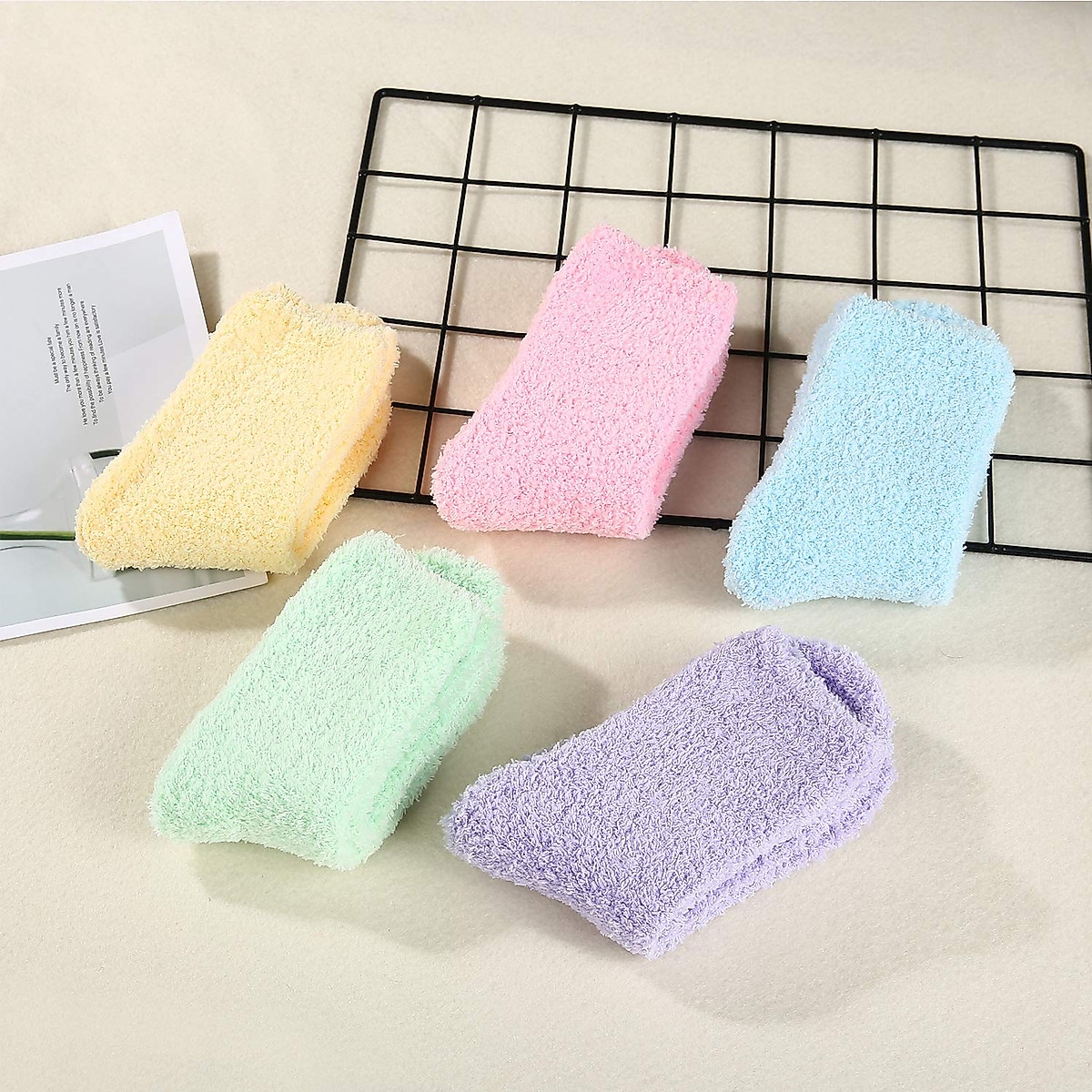Zando Women's Winter Fuzzy Warm Crew Sock Microfiber Cozy Sleeping Plush Socks Thick Fluffy Slipper Sock Casual Super Soft Home Sock 5 Pairs Rainbow Solid One Size