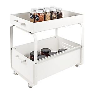 ruishetop 2-Tier Under Sink Cabinet Metal Organizer, Pull Out Cabinets Organizer Shelf, Sliding Basket Drawer Type Organizer Storage with Handle for Kitchen Bathroom Office Countertop (White)