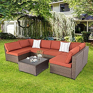 JSUN7 Outdoor Patio Furniture Set, 7 Pieces PE Brown Rattan Wicker Sofa Set, Outdoor Sectional Furniture Conversation Chair Set with Cushions and Tea Table,(Maple Red)