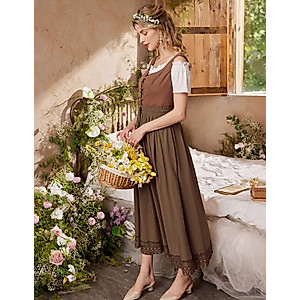 Women’s Elastic Waist Maxi Skirt Vintage Medieval A-Line Long Skirt Brown M