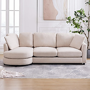 Mjkone Curved Small Cloud Couch, 3-Seat Living Room Minimalist Style Comfy Sectional Sofa, Modern Linen Fabric L Shaped Sofa Couch with Chaise for Apartment Office, Beige