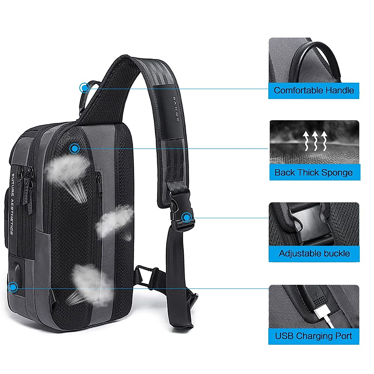 Sling Bag for Men Shoulder Crossbody Bags Sling Backpack with USB Charging Port Waterproof Travel Hiking Outdoor Daypack (Black-1)