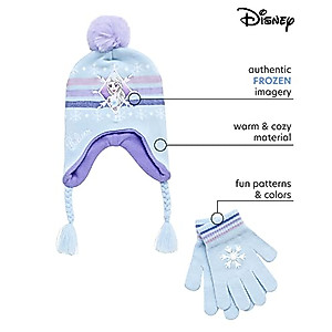 Disney Girls’ Winter Set: Ear Flap Beanie Hat, Gloves or Mittens: Elsa, Anna, Princess (Age: 2-7), Size Age 4-7, Blue Glove