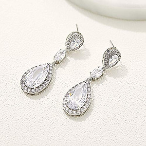 SWEETV Teardrop Wedding Bridal Earrings for Bridesmaids, Brides- Crystal Cubic Zirconia Rhinestones Dangle Earrings for Women, Prom Bridal Wedding Jewelry, Silver