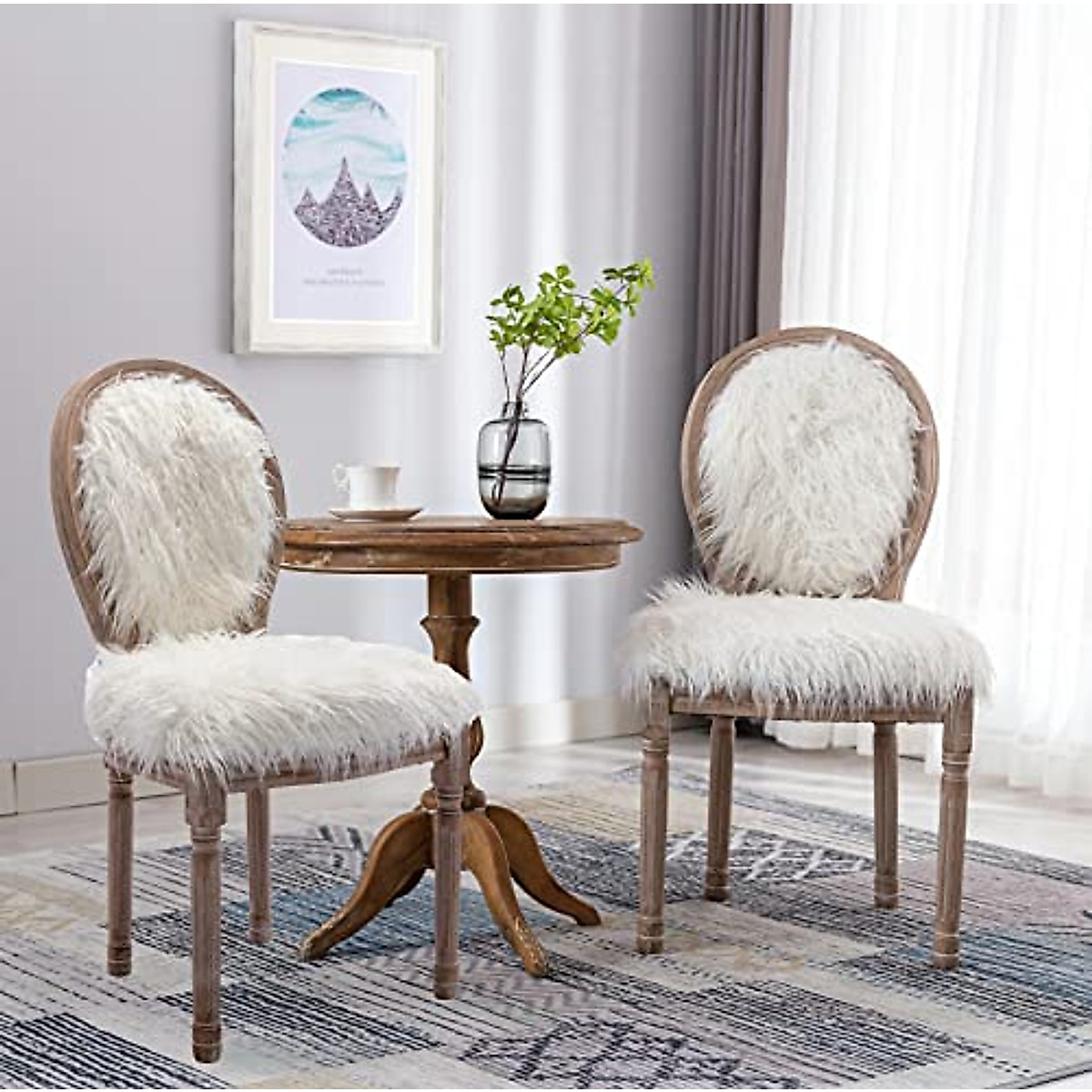 AWQM Faux Fur Dining Chairs Set of 2,Vintage Elegant French Chair with Round Back Distressed Wood,Mid Century Furry Vanity Chair,for Kitchen Dining Room Living Makeup Room, White