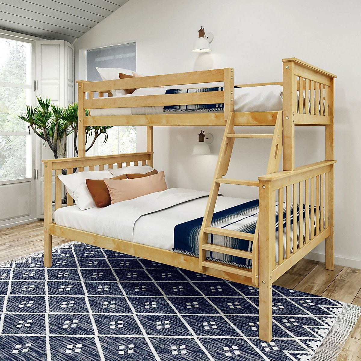 Plank+Beam Classic Wooden Bunk Bed Twin Over Full Size, Platform Bed Frame with Bunk Bed Ladder and Wood Slats for Adult, Space Saving Bed, Easy to Assemble, No Box Spring Needed, Natural