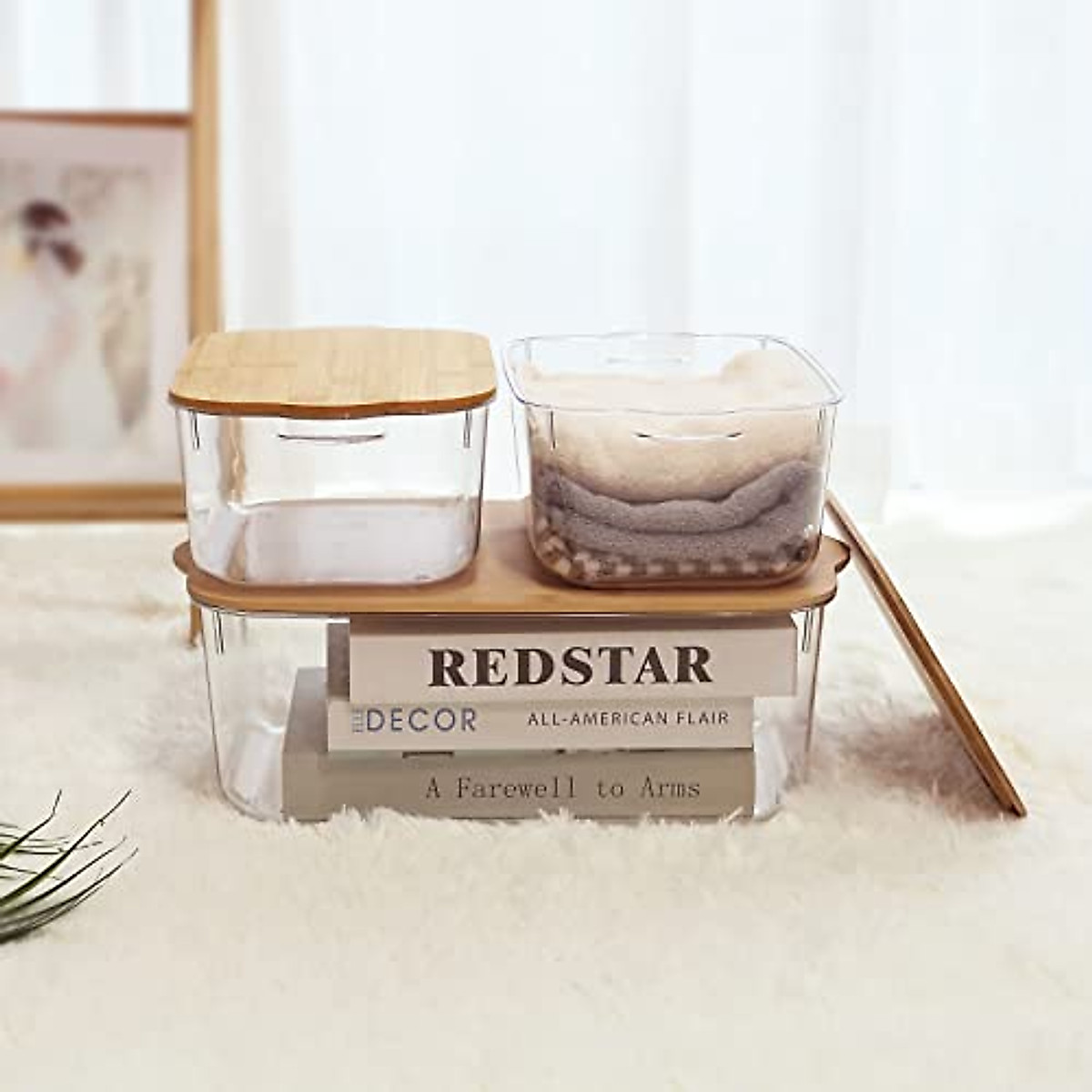 ANMINY 3PCS Clear Plastic Storage Bins Lidded Stackable Basket Box Set with Bamboo Removable Lid Handle Home Kitchen Closet Shelf Decorative Kid Toy Clothes Towel Laundry Organizer - 1 Medium 2 Small