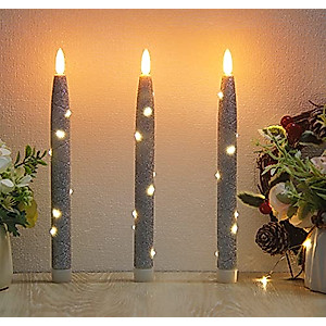 CFDECOR Flameless Glitter Taper Candles with Embedded String Lights, Battery Operated Candle with Timer & Remote, LED Tapered Dinner Candle. for Xmas, Dining, Wedding Décor,Set of 3 (Silver) H: 10"
