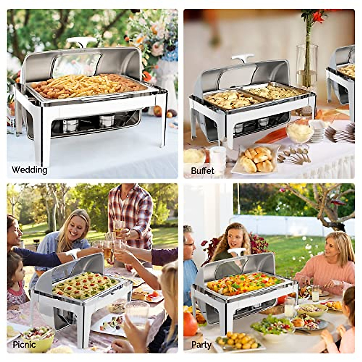 ROVSUN 9 QT Stainless Steel Chafing Dish Buffet Set with Electric & Fuel Heating,Roll Top Catering Chafer Server with Full Size & 2 Detachable Food Pans, Glass Lid for Party Wedding Banquet