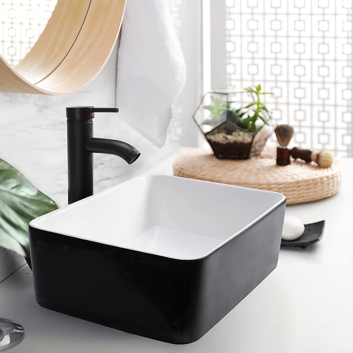 KGAR Rectangular Bathroom Sink, 16" x 12" Above Counter Porcelain Ceramic Vessel Sink with Faucet and Pop up Drain Combo, White and Black