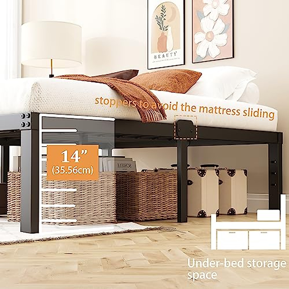 Sosain 14 inch Full Bed Frame Metal Platform Frame no Box Spring Needed，Black Heavy Duty Sturdy Steel,Easy Assembly，with Storage