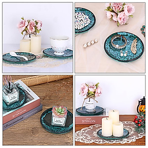 OwnMy 2PCS Mosaic Glass Candle Plates 6 Inch Pillar Candle Holders Plates, Glass Round Candle Plates and Trays Glass Mosaic Candle Coasters Decorative Glass Pillar Candle Stands Candle Bases, Blue