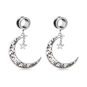 FECTAS Ear Gauge Tunnels Surgical Steel Stretcher Tunnel Large Moon Dangle Hoop Ear Gauges Stretching Piercing Plugs Jewelry Size 6g