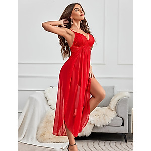 Avidlove Womens Lingerie Lace Babydoll Nightwear Mesh Chemise V Neck Sleepwear Red