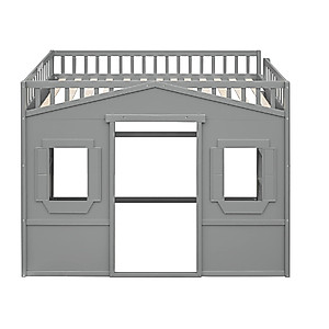 Harper & Bright Designs Full Size House Loft Bed for Kids, Wood Full Loft Bed with Door and Windows House Design, Playhouse Bed Full with Underbed Space for Girls Boys Bedroom, Grey