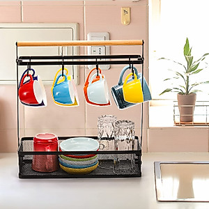 Hiceeden Coffee Mug Holder with Wire Storage Basket, Large Mug Tree Mug Racks, Coffee Tea Cup Mug Stand Organizer for Kitchen Countertop, Holds 8 Cups (Metal, Black)